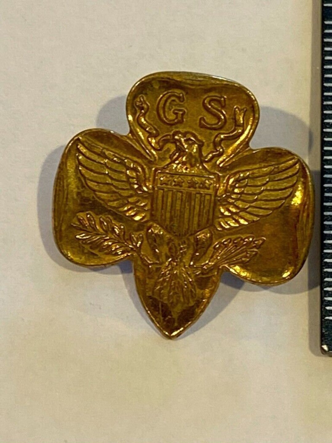 Vintage Girl Scouts Gold Tone Trefoil Logo Lapel Sash Pin Eagle Shield ...