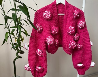 Iplika Crop Knitwear Rose Knit Cardigan Chunky Knitwear Handmade Pink ...