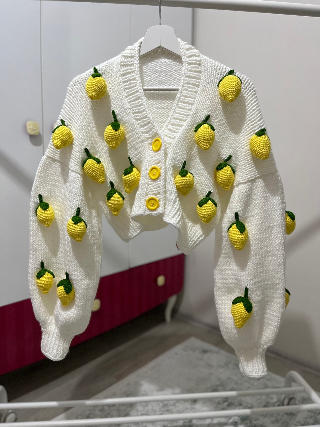 Iplika Lemon Knit Cardigan Oversized Floral Cardigan Gift for Women - Etsy