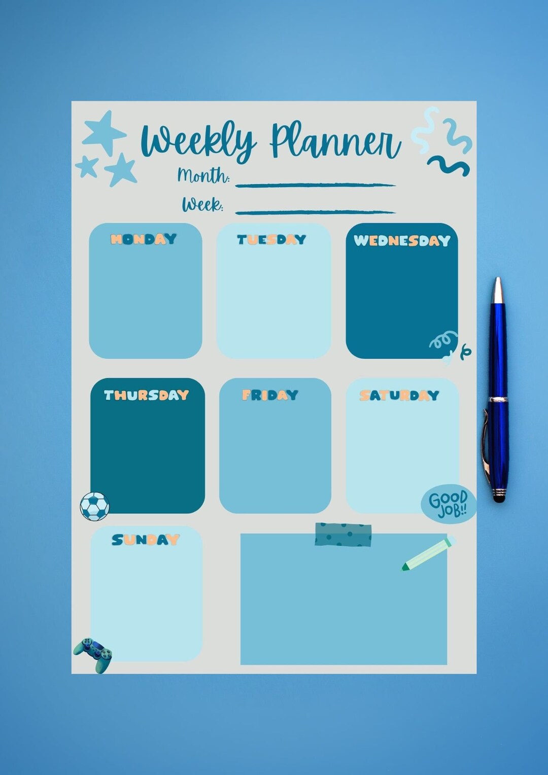 Weekly Planner Blue, Digital Planner, Printable, Back to School, Study ...