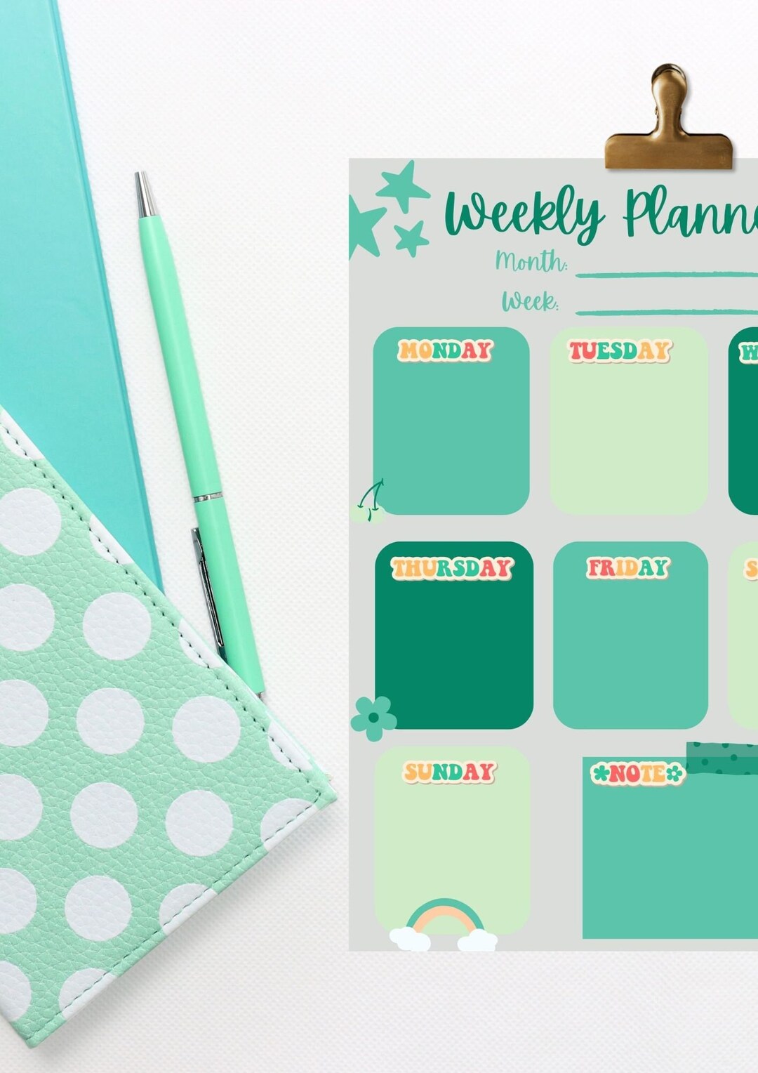 Weekly Planner Green, Digital Planner, Printable, Back to School, Study ...