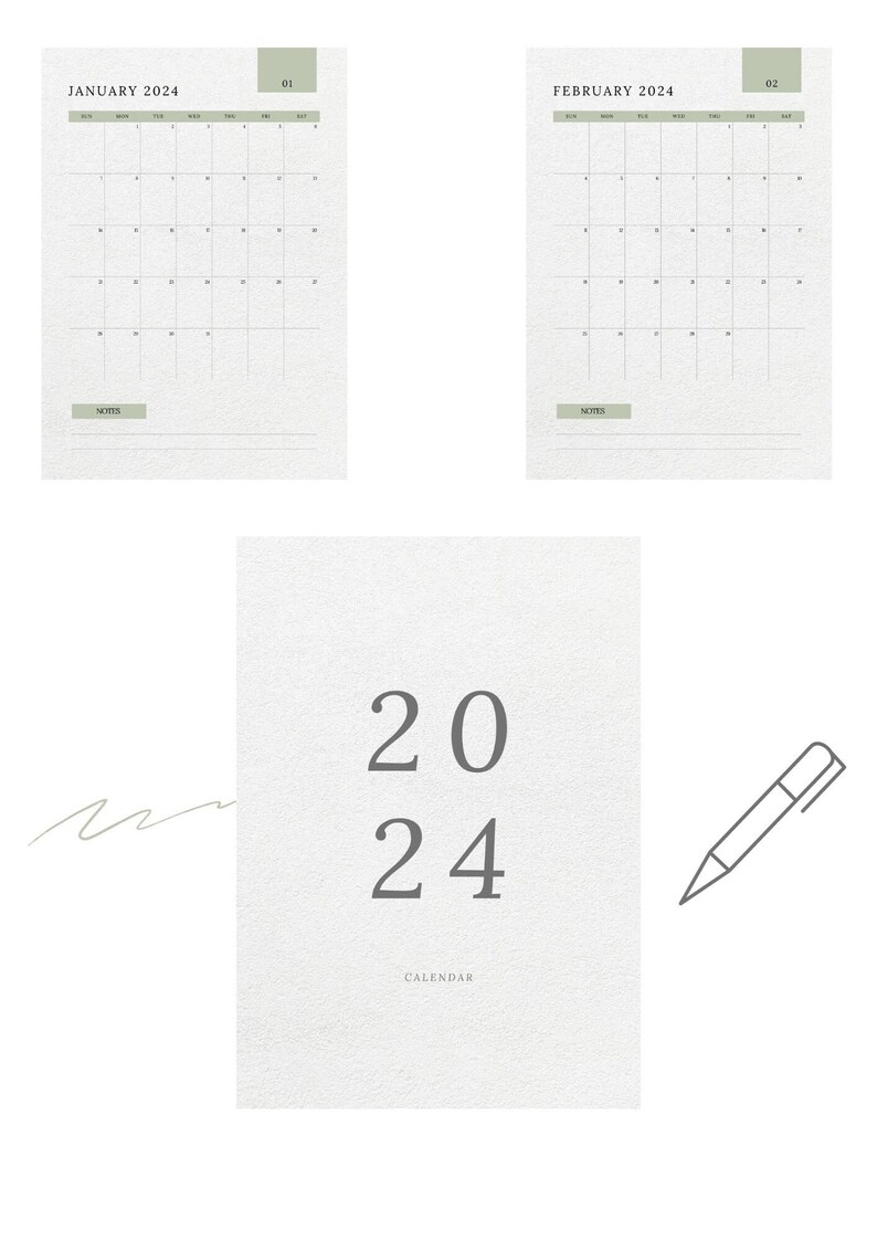 PRINTABLE 2024 Calendar, Digital PDF Instant Download, Monthly Planner ...