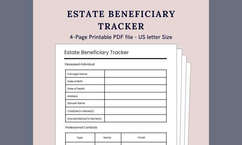 Printable Estate Beneficiary Tracker for Executors | 4-page PDF ...