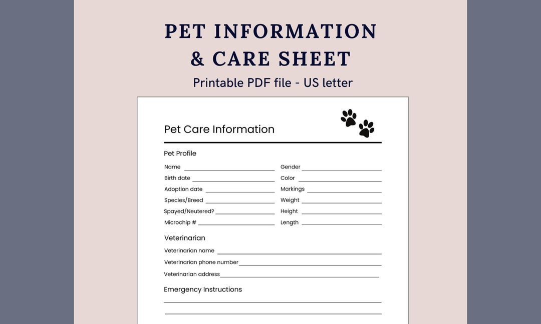 Pet Information Sheet: Printable US Letter for Pet Sitters (PDF) - Etsy