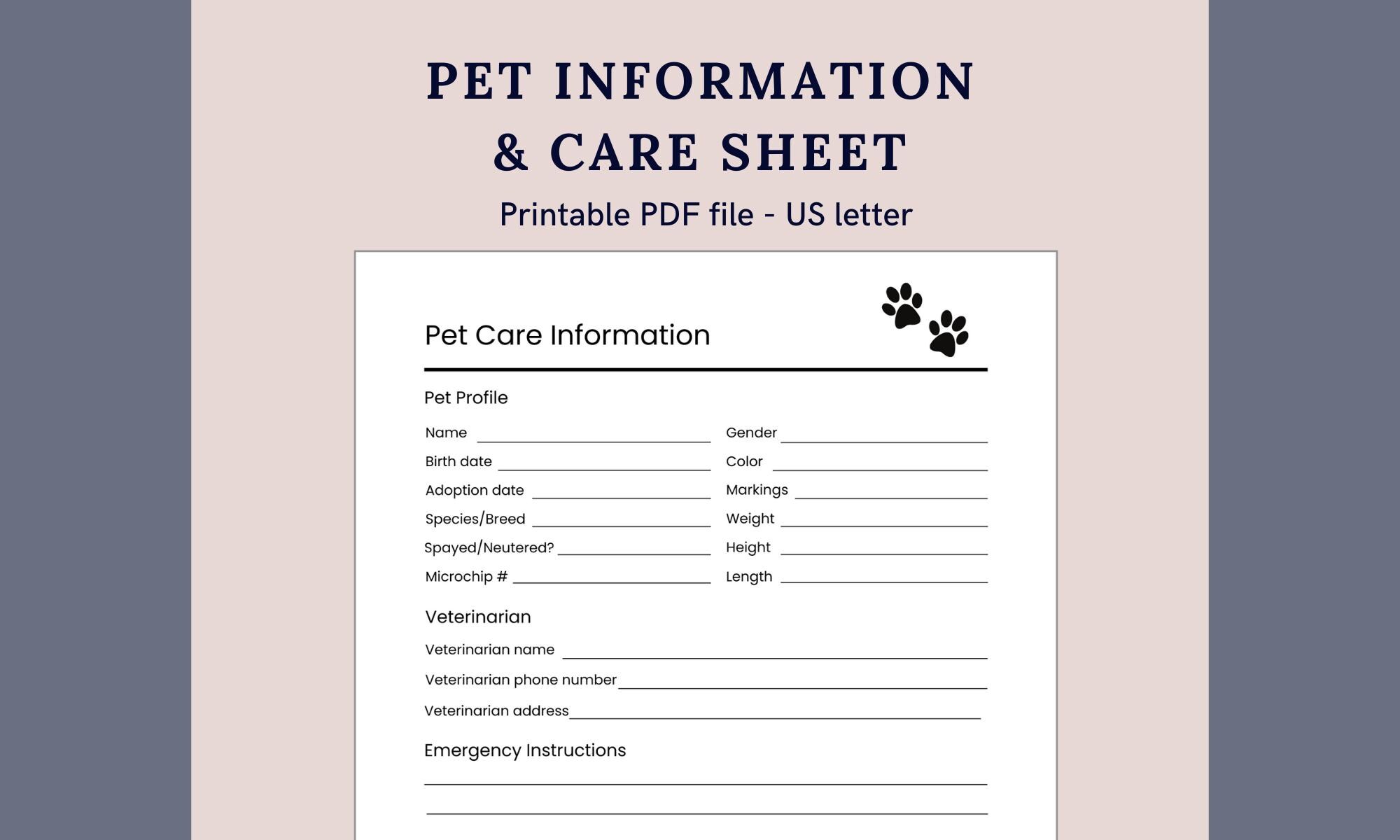 Pet Information Sheet: Printable US Letter for Pet Sitters (PDF) - Etsy
