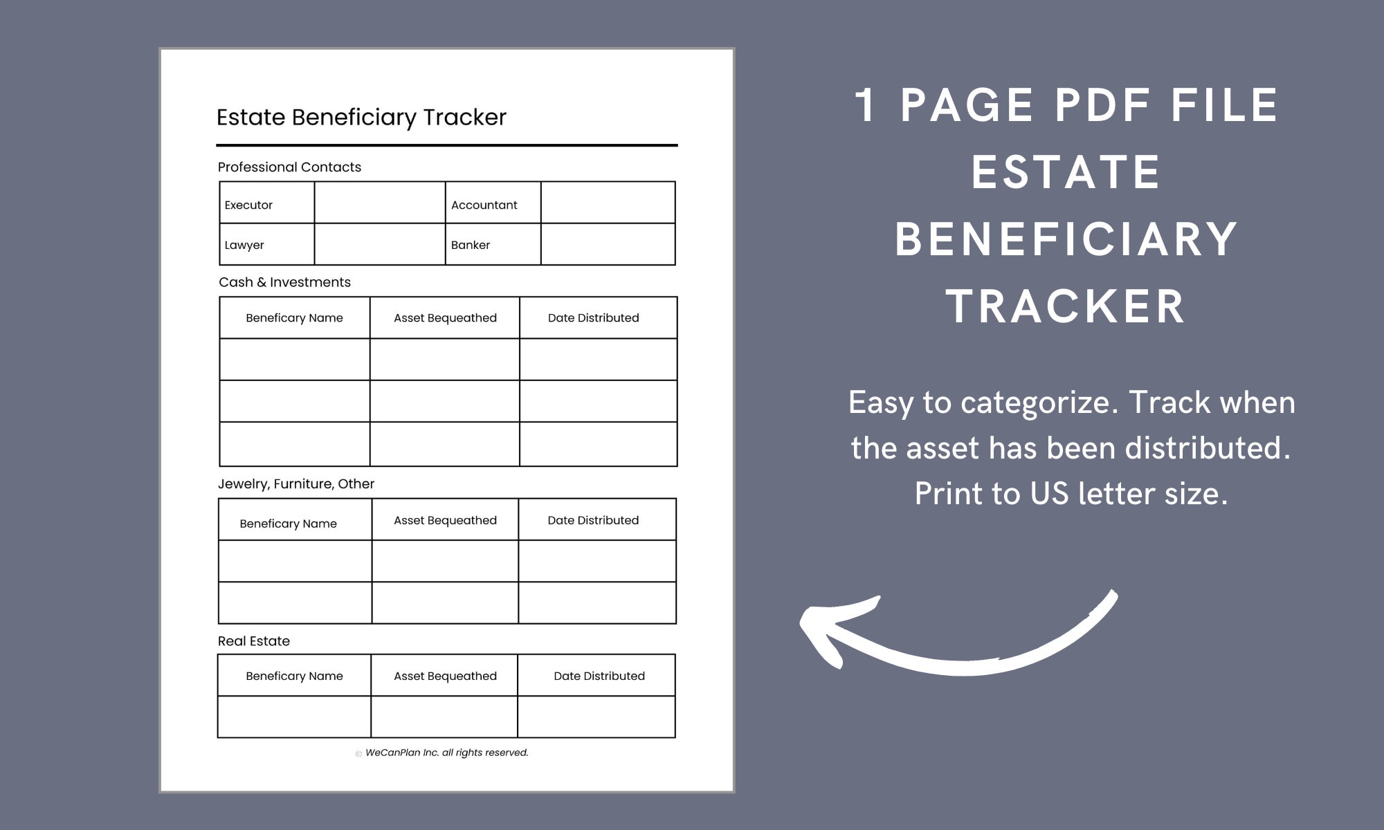 Printable Estate Beneficiary Tracker for Executors | 1-page PDF ...