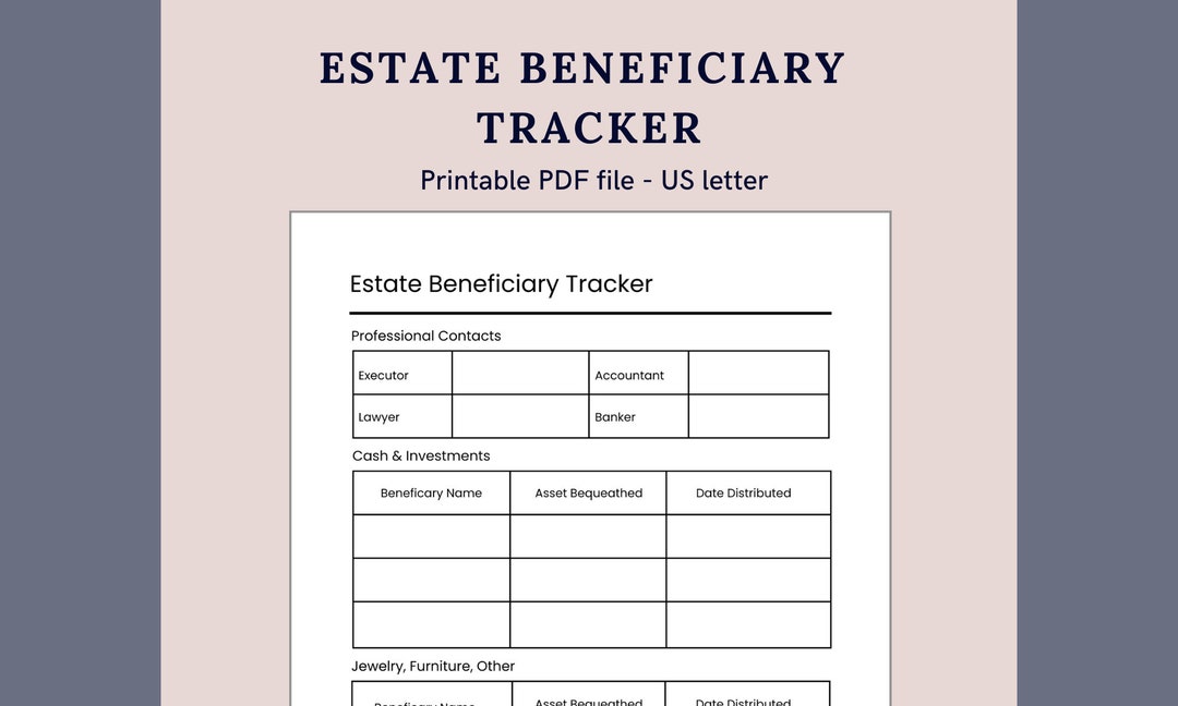 Printable Estate Beneficiary Tracker for Executors | 1-page PDF ...