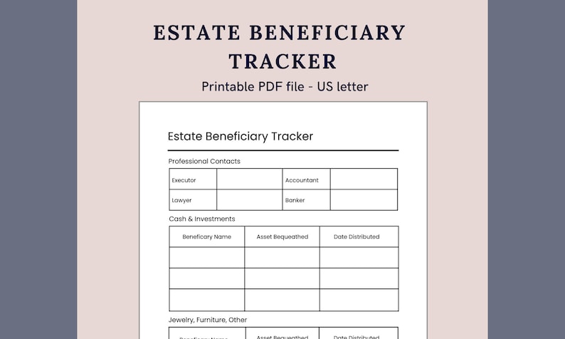 Printable Estate Beneficiary Tracker for Executors | 1-page PDF ...
