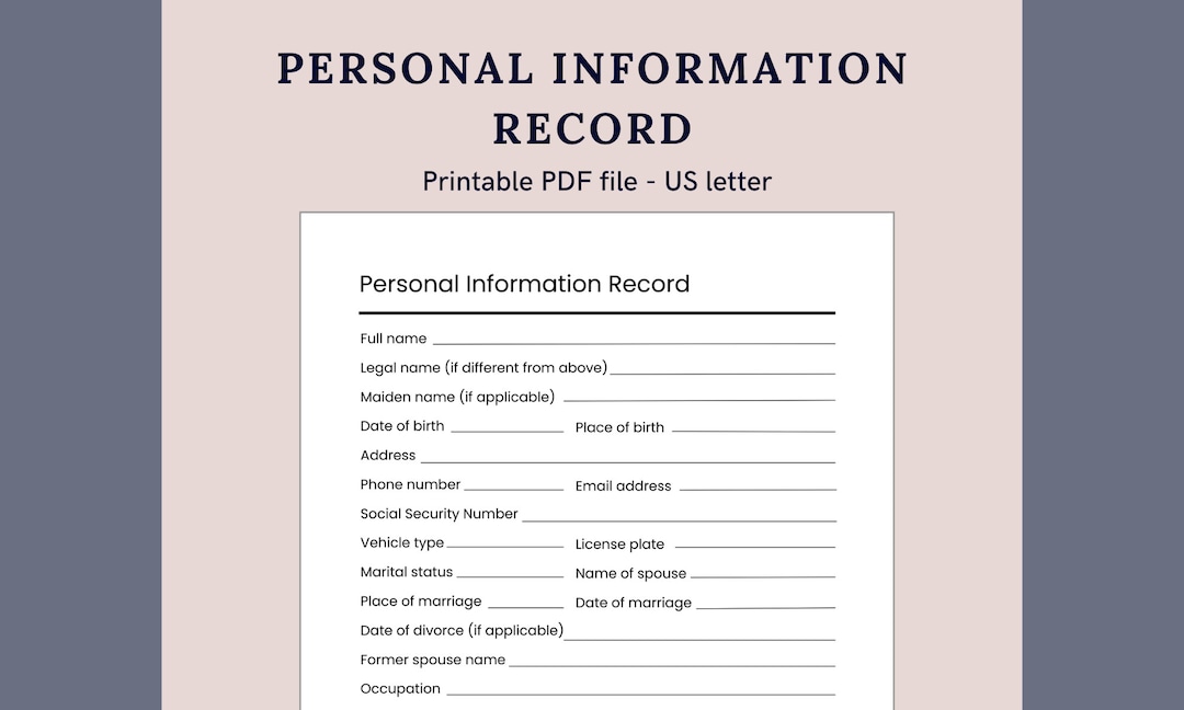 Printable PDF Personal Information Record, US Letter Size, Document ...