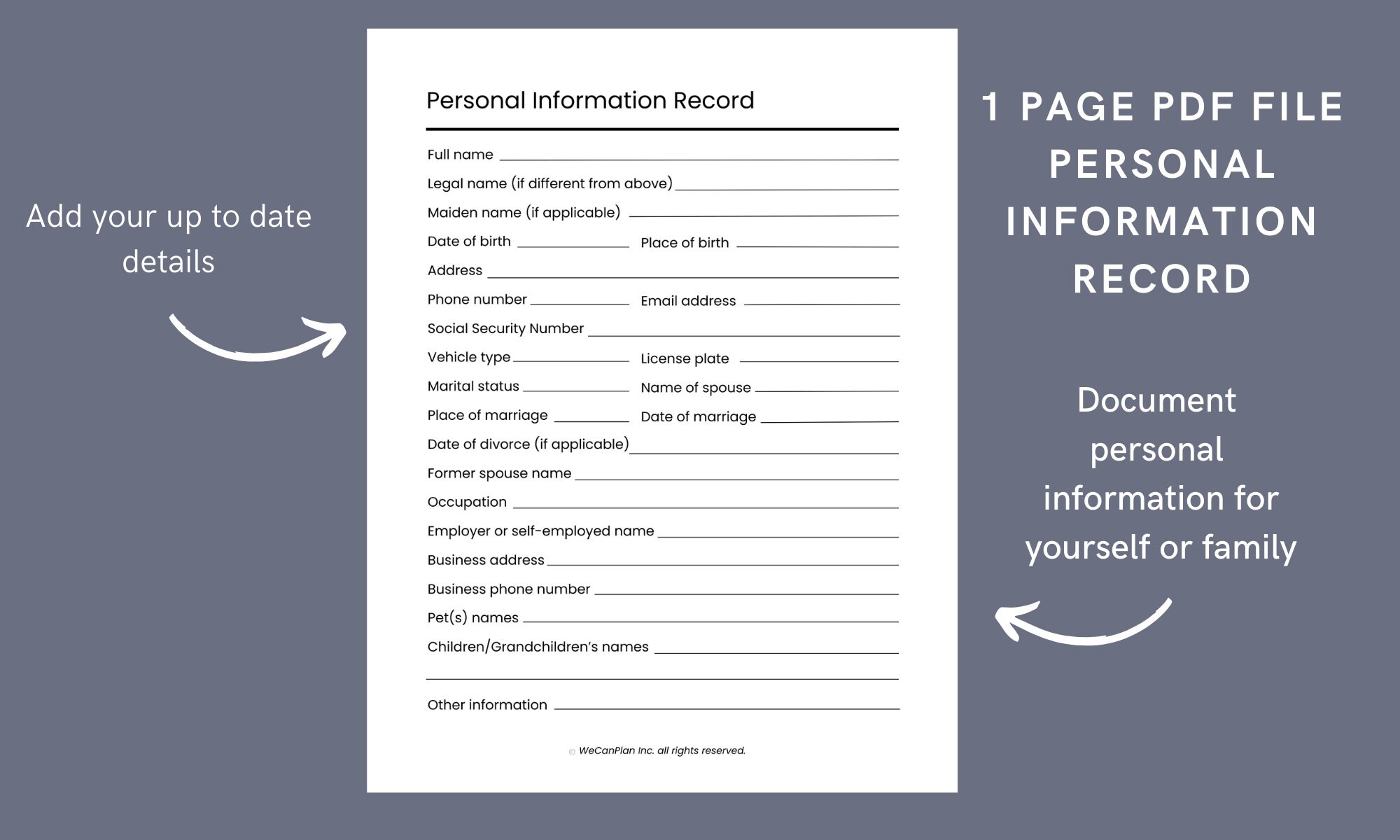 Printable PDF Personal Information Record, US Letter Size, Document ...