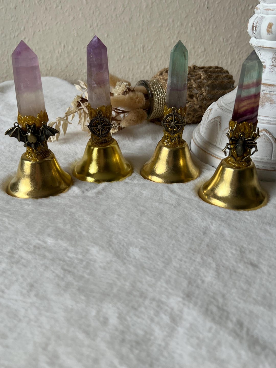 Bell With Fluorite Tower Bat, Compass and Spider - Etsy