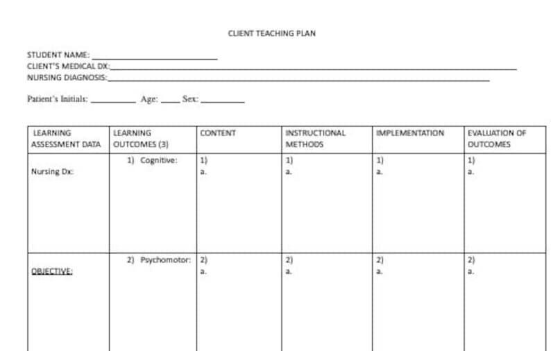 Nursing Client Teaching Plan Form - Etsy