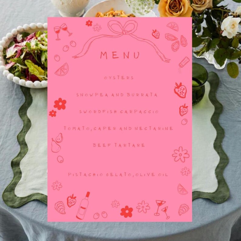 Dinner Party Menu Template Pink and Red - Etsy