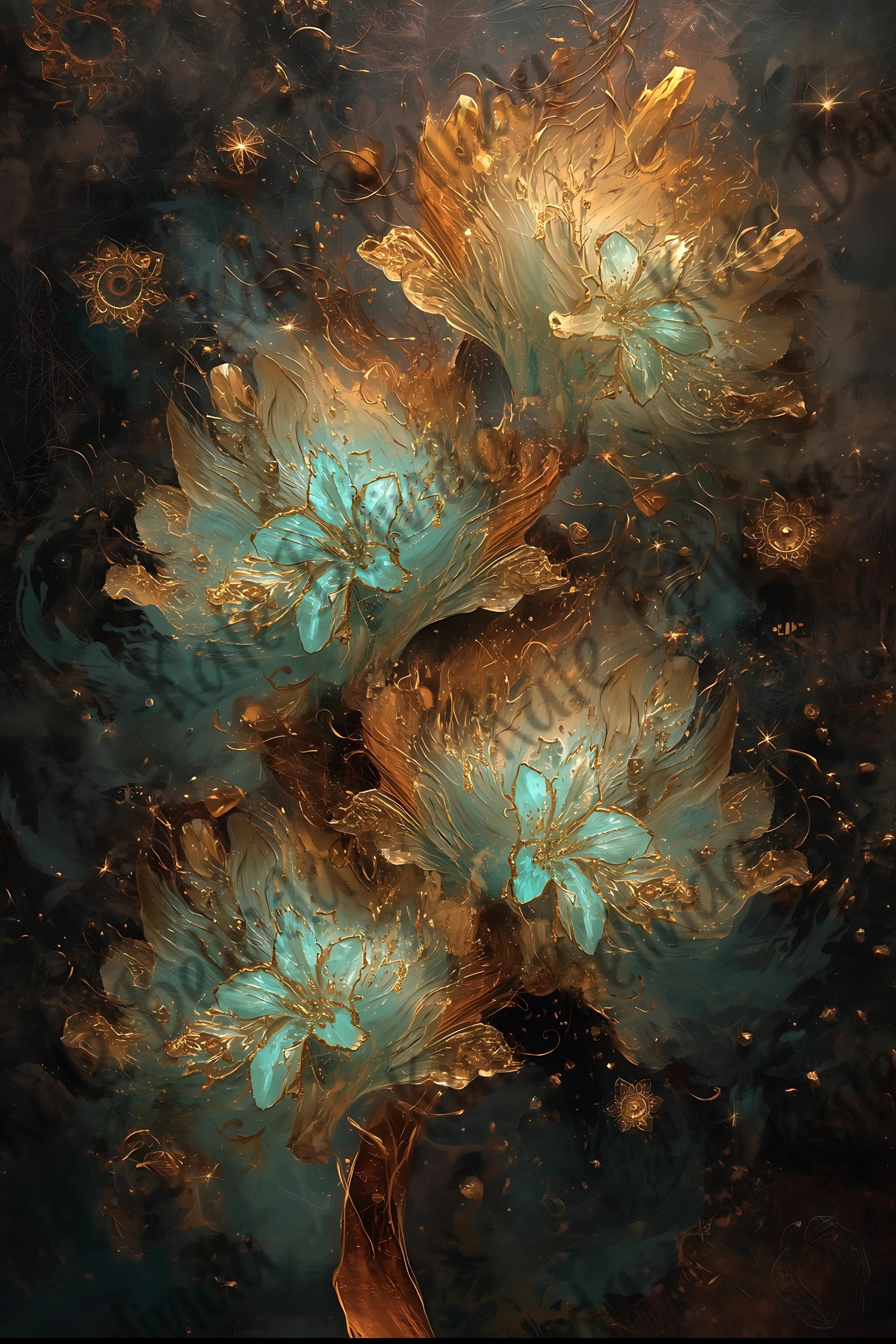 Copper Crystal Flowers Set of 4 | Digital Wall Art | Metallic Bloom ...