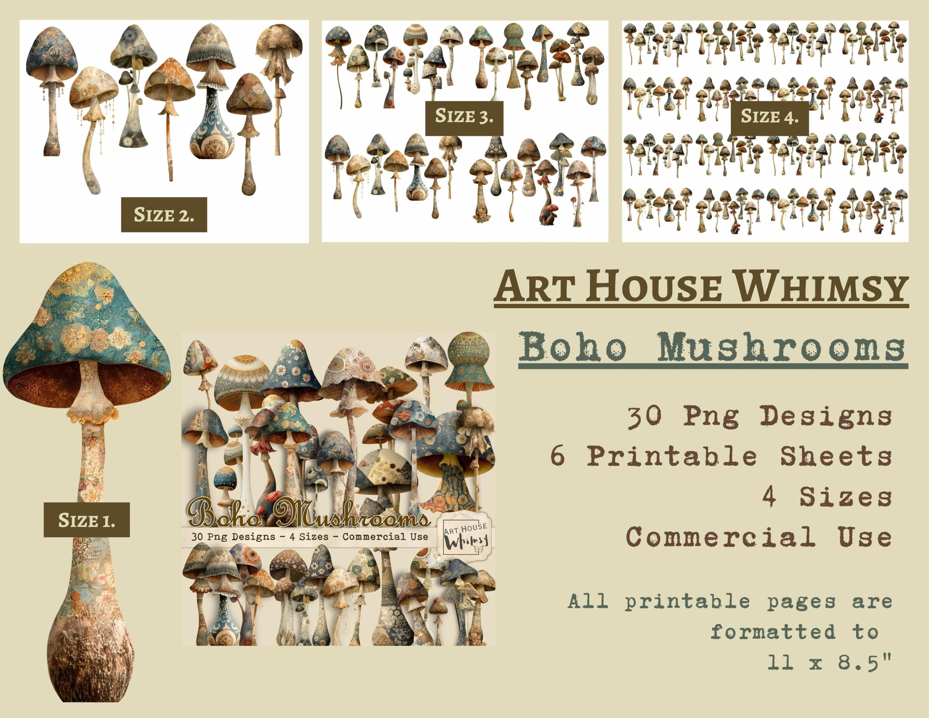 Boho Mushrooms: 30 Png Hippy Folk Art Style Fungi, 4 Sizes, CU ...