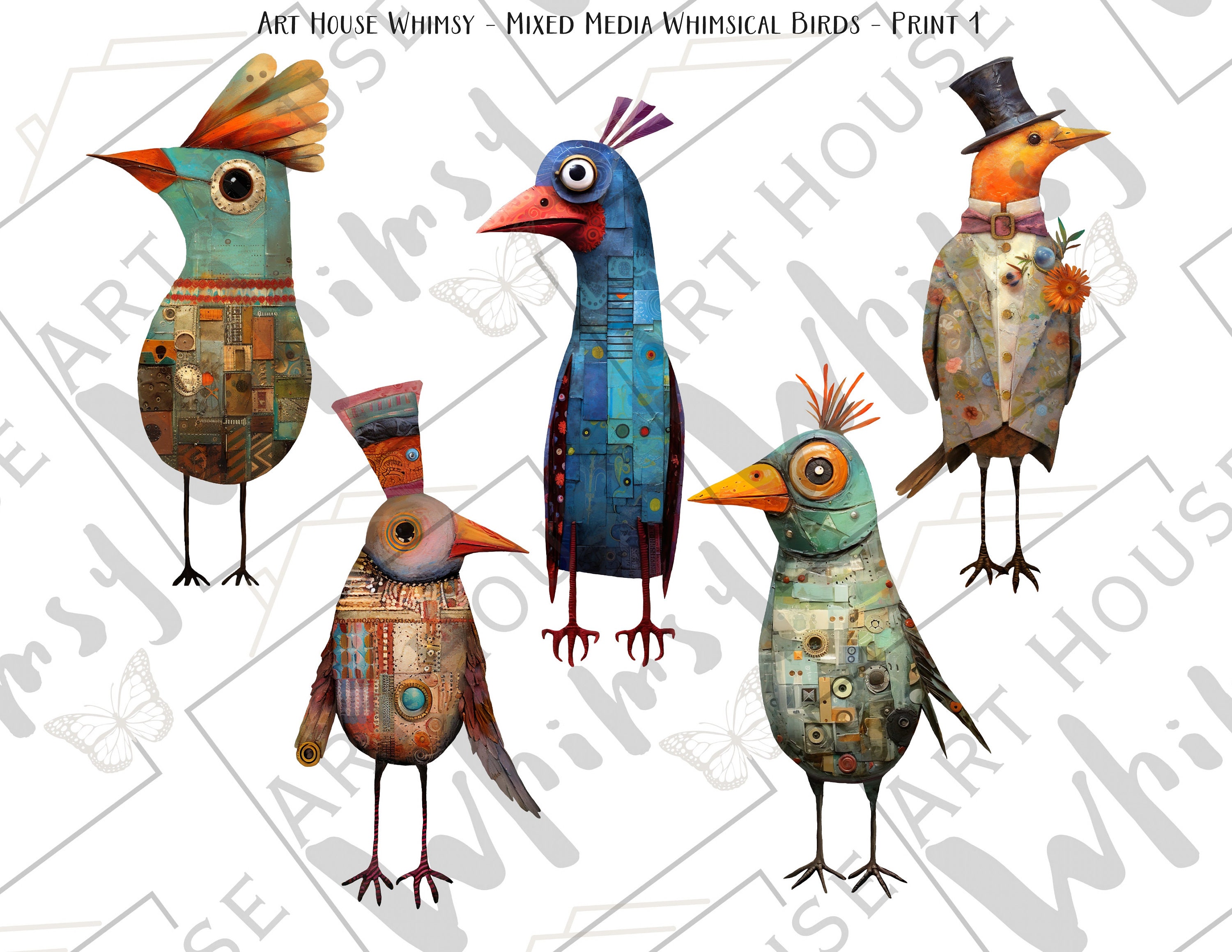 Mixed Media Whimsical Birds Quirky Bird Graphics Commercial - Etsy UK