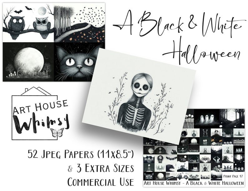 A Black & White Halloween: Spooky Whimsical Graphics, 52 JPEG Designs ...