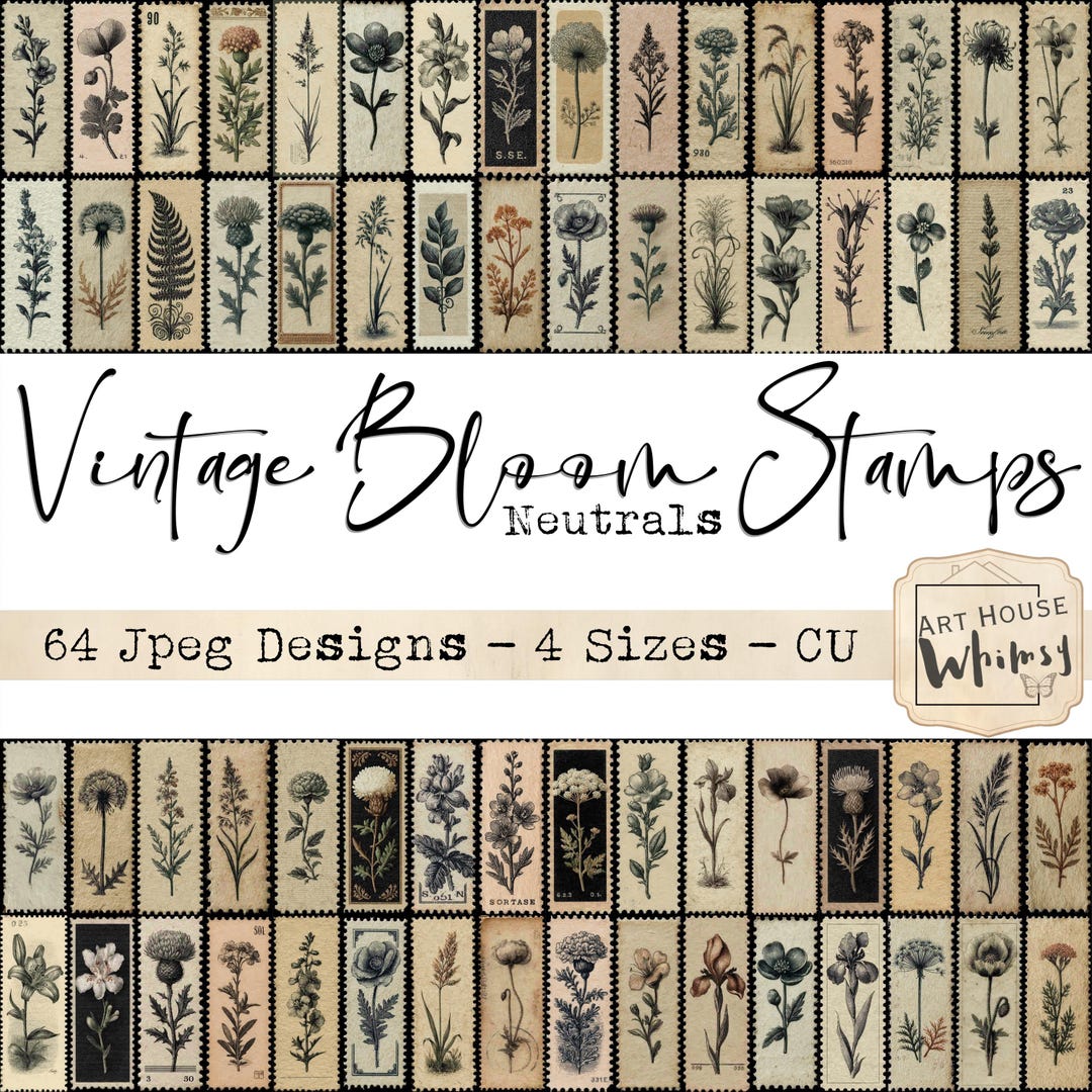 Vintage Bloom Stamps Neutrals - 64 Vintage Botanical Floral Flowers ...