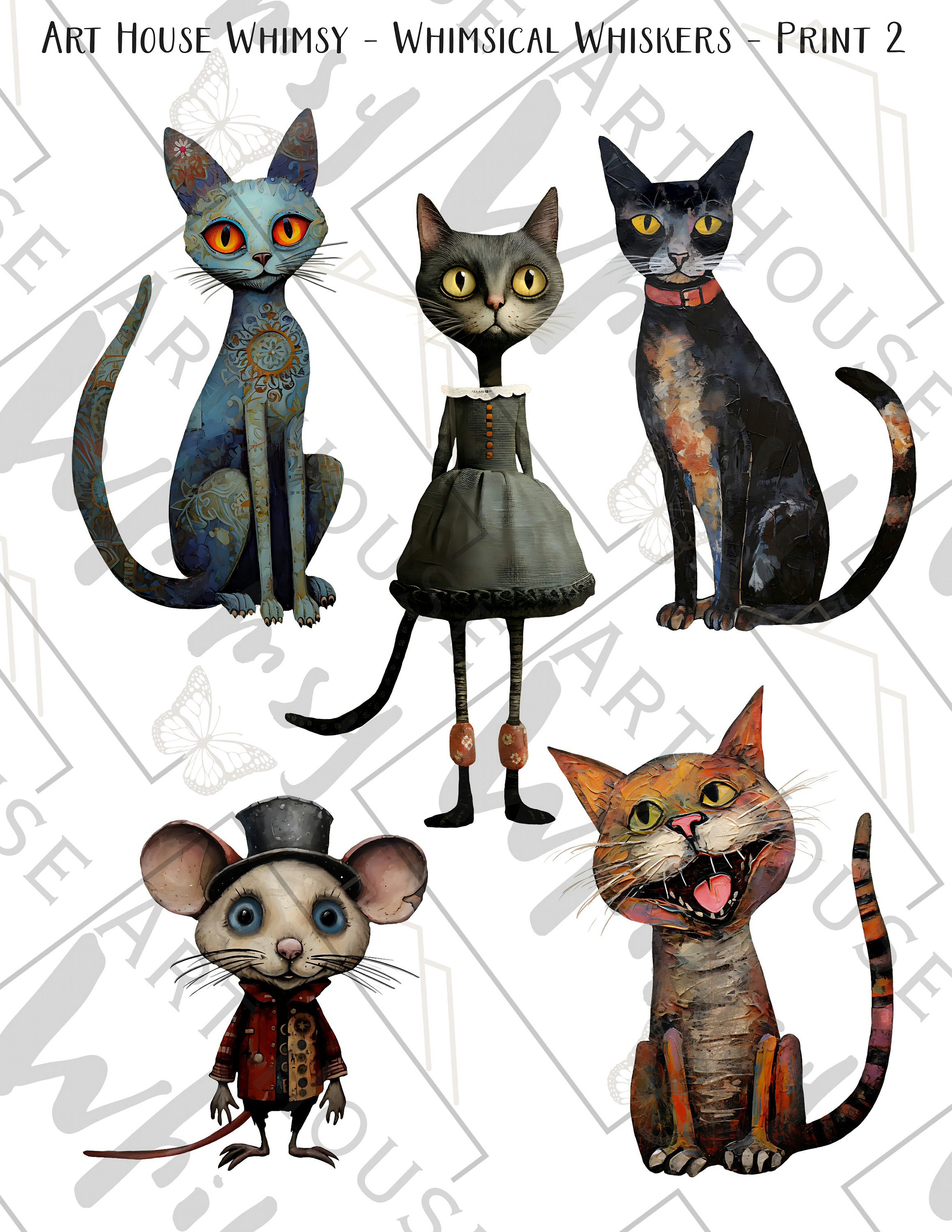 Whimsical Whiskers Quirky Mixed Media Cat and Mouse Graphics - Etsy