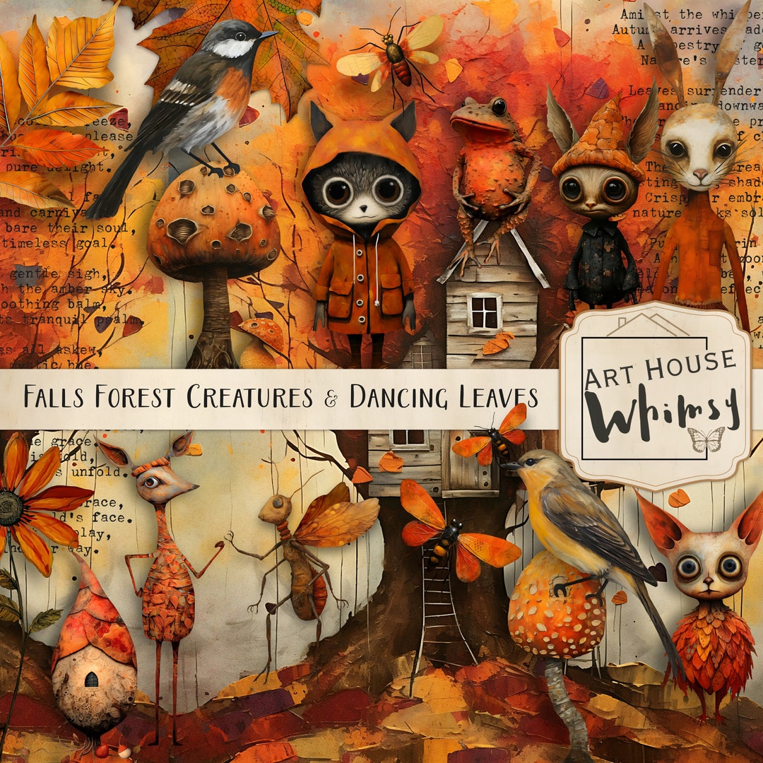 Fall's Forest Creatures and Dancing Leaves-whimsical Mixed Media ...