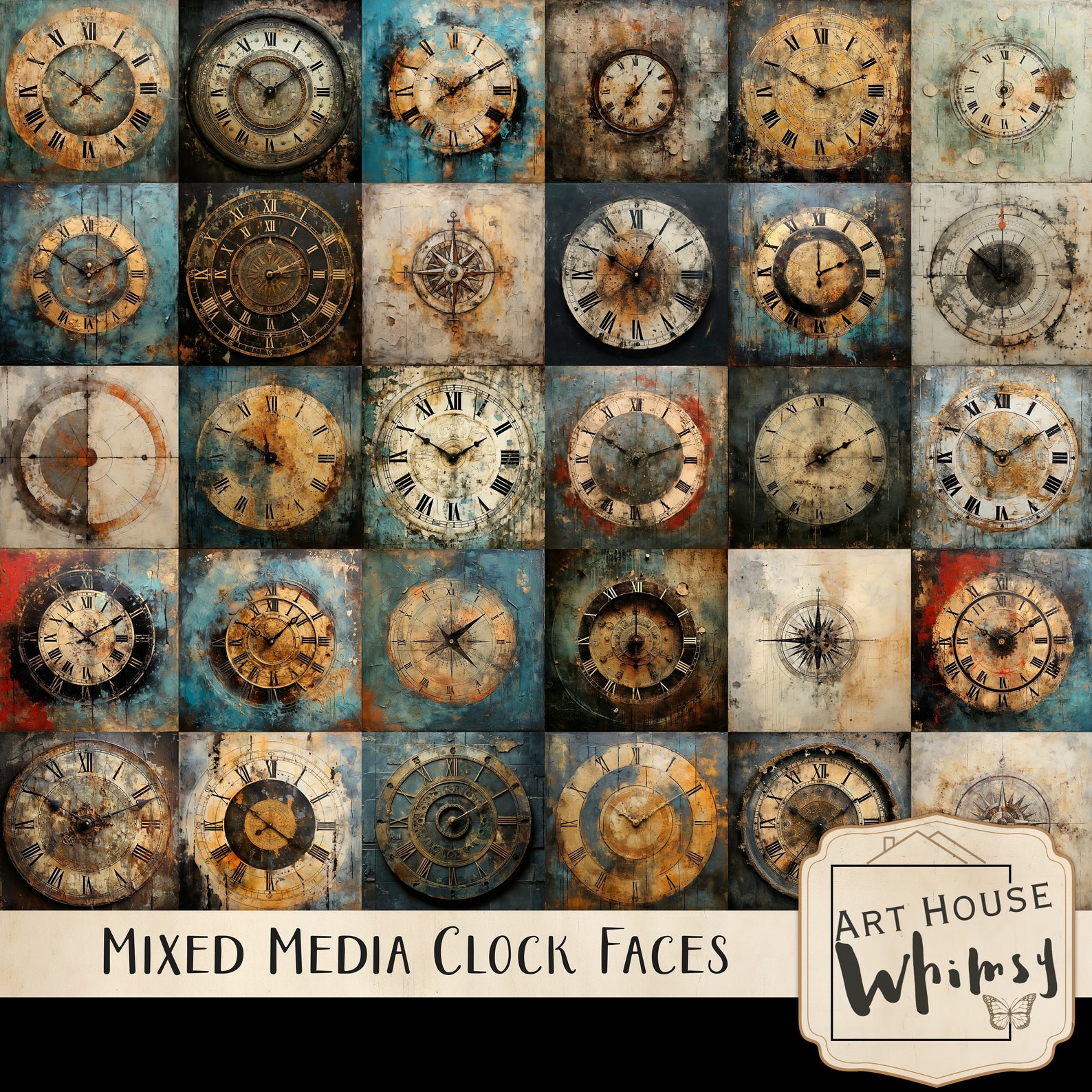 Mixed Media Clock Faces, Junk Journal, Commercial Use, Grunge/painterly ...