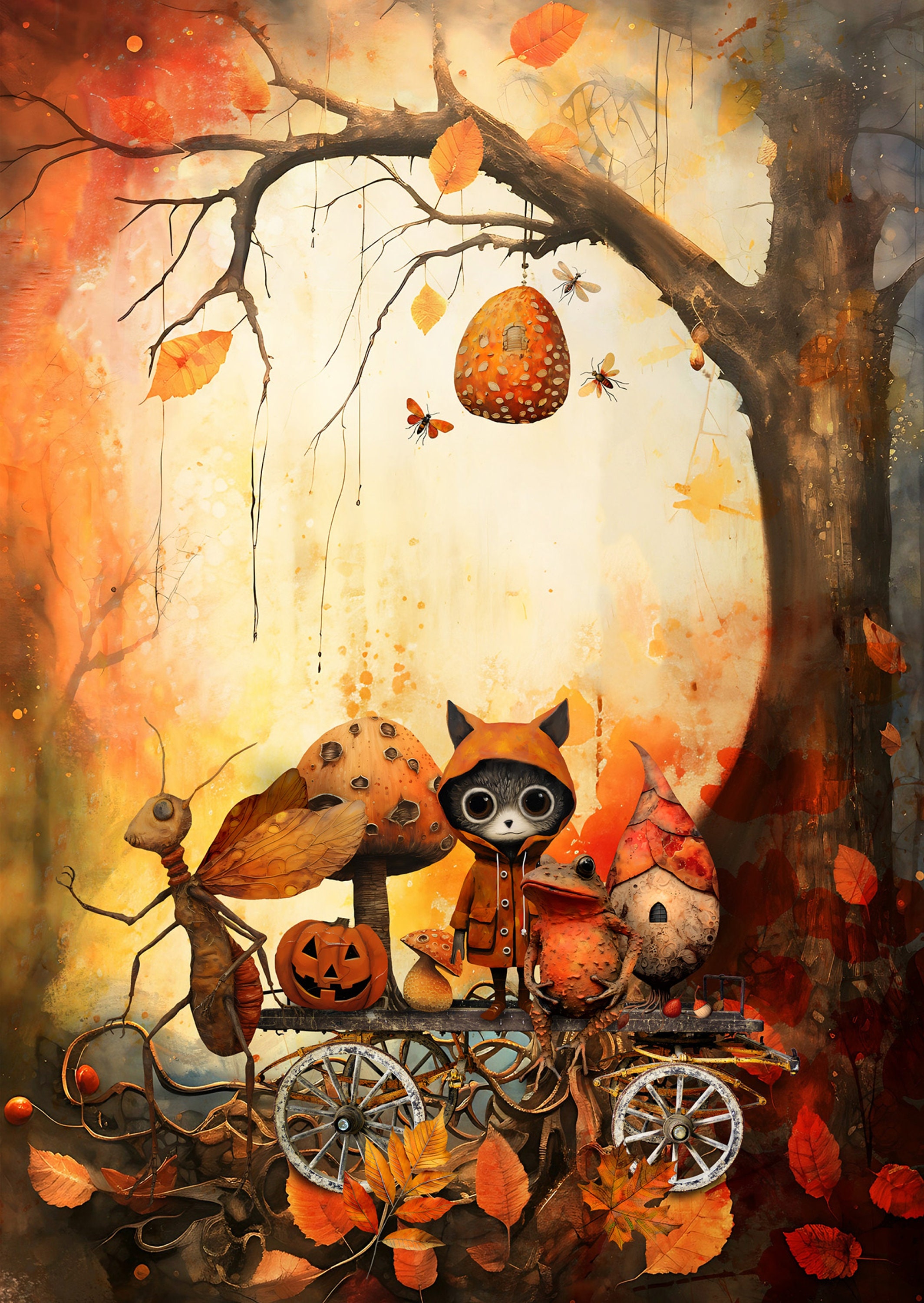 Fall's Forest Creatures and Dancing Leaves-whimsical Mixed Media ...