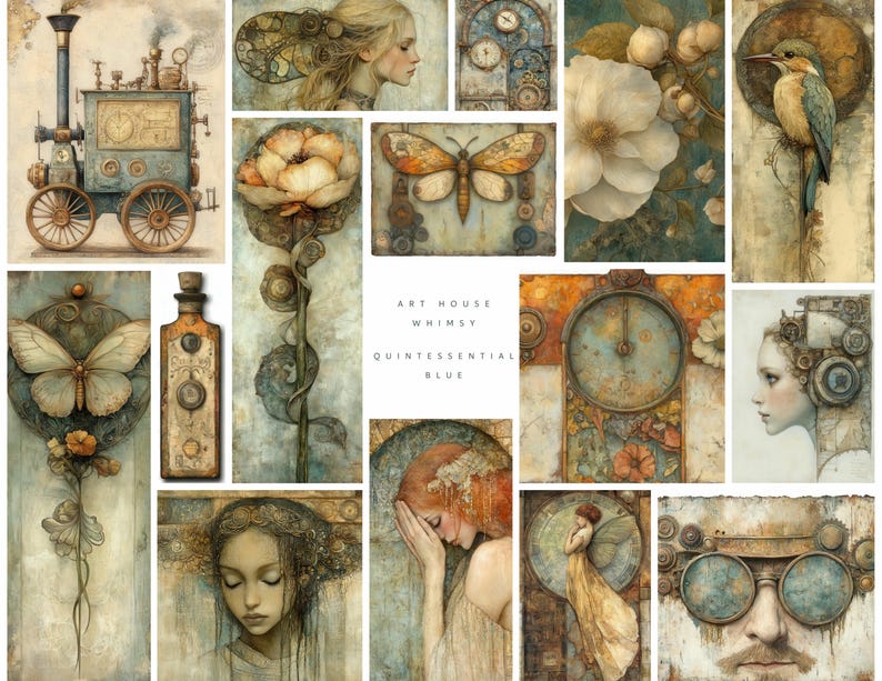 Quintessential 3 Blue: Steampunk Digital Art, Vintage Blue & Orange ...
