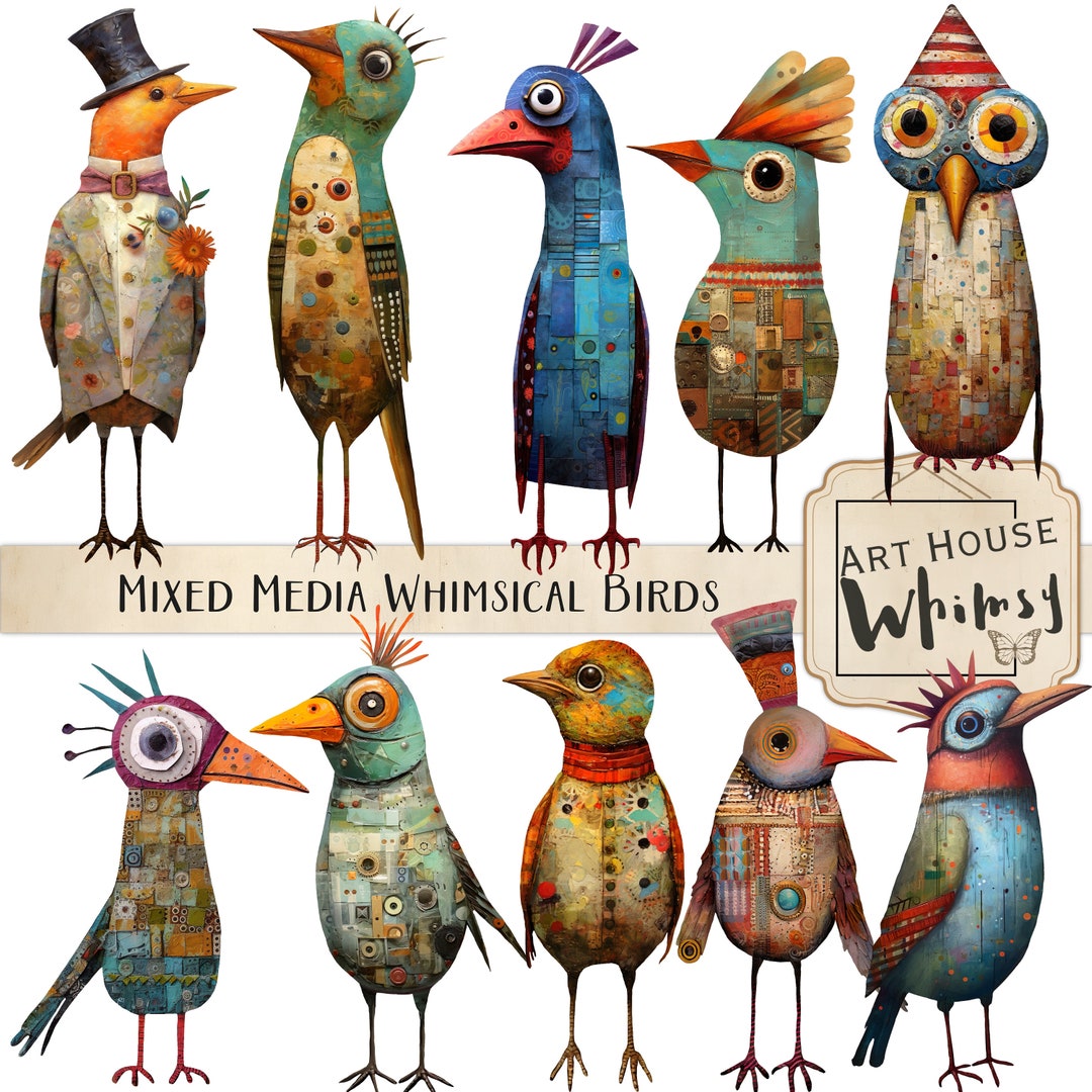 Whimsical Bird Graphics: Mixed Media Clipart, Printable Sheets ...