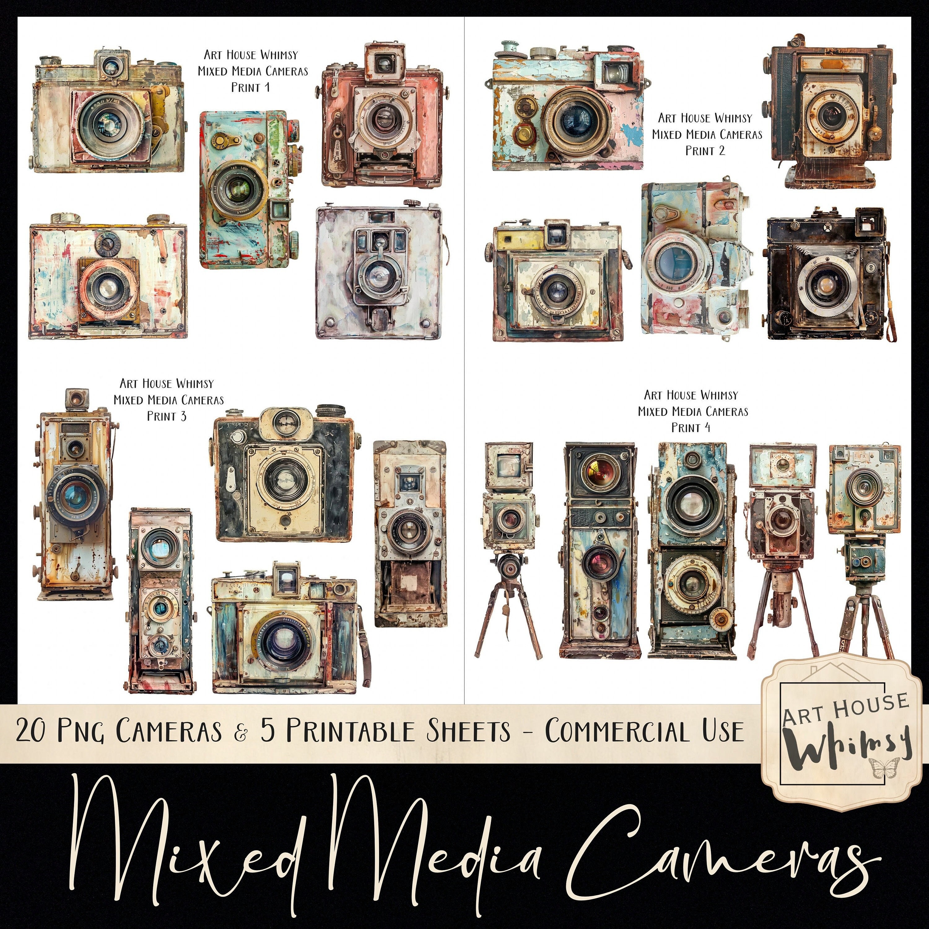 Mixed Media Cameras: Vintage Camera Clipart Painterly Mixed Media Pngs ...