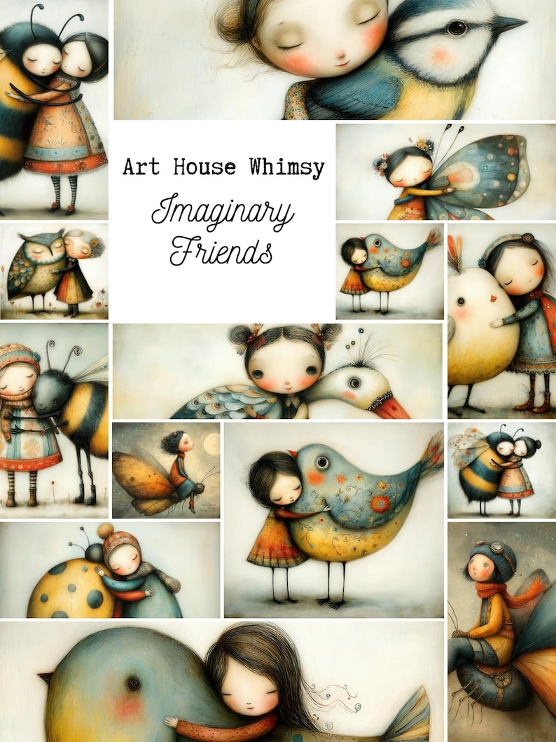 Imaginary Friends-cute Whimsical Girls With Animal Friends, 4 Sizes, CU ...