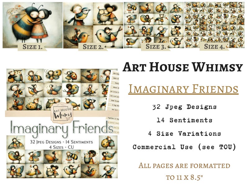Imaginary Friends-cute Whimsical Girls With Animal Friends, 4 Sizes, CU ...
