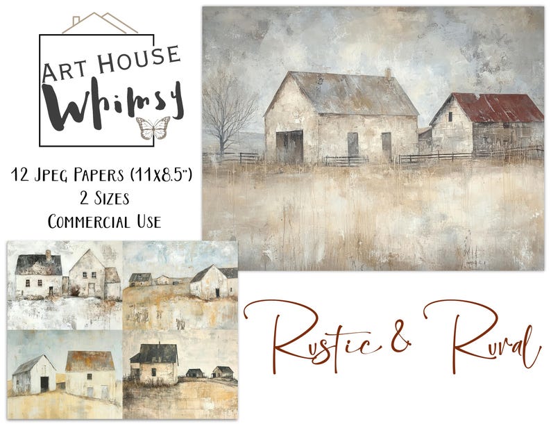 Rustic & Rural 1: Farm Landscape Digital Paper, Rustic Countryside Art ...