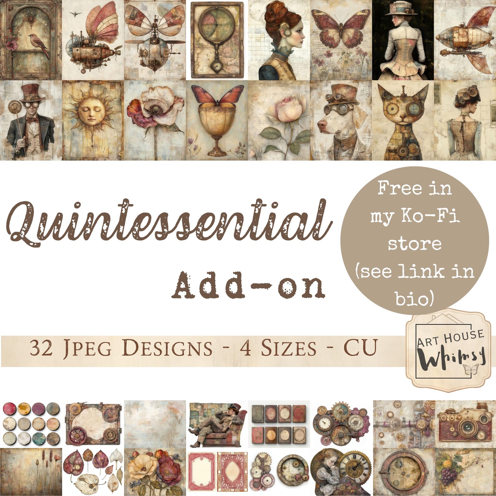 Quintessential 2: Steampunk Florals Digital Art, Vintage Pink & Gold ...