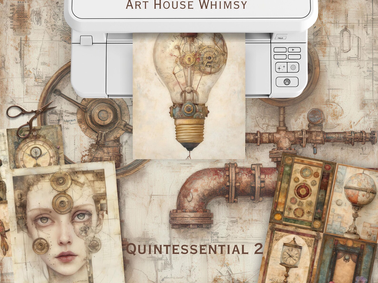 Quintessential 2: Steampunk Florals Digital Art, Vintage Pink & Gold ...