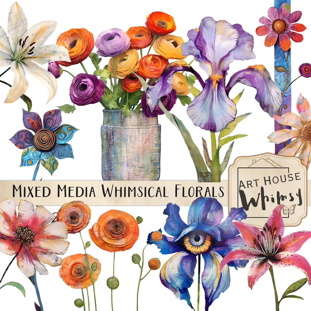 Whimsical Floral PNG Clipart: Mixed Media Flowers, Commercial Use ...