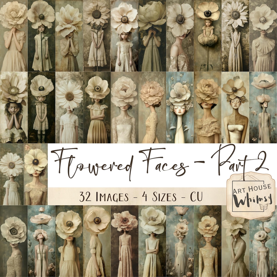 Floral Faces Jpegs: Neutral Tone Art, Junk Journal Embellishments ...
