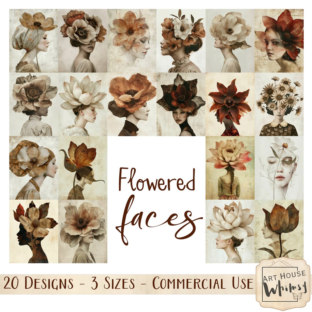 Floral Faces Jpegs: 20 Ladies With Flowers Art (commercial Use) - Etsy