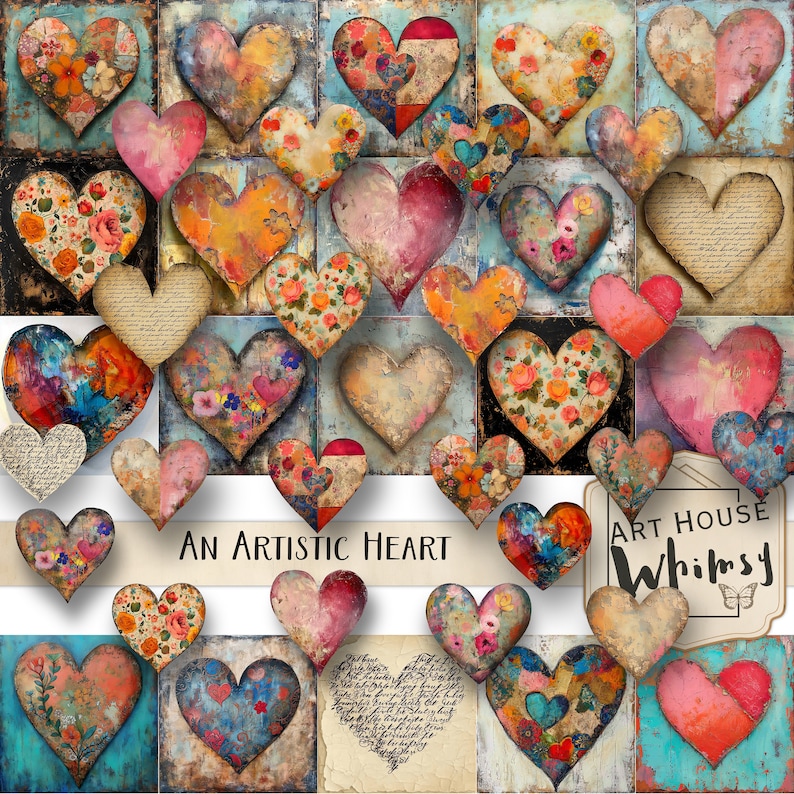 An Artistic Heart: Painterly Heart Graphics, Mixed Media Art, Junk ...