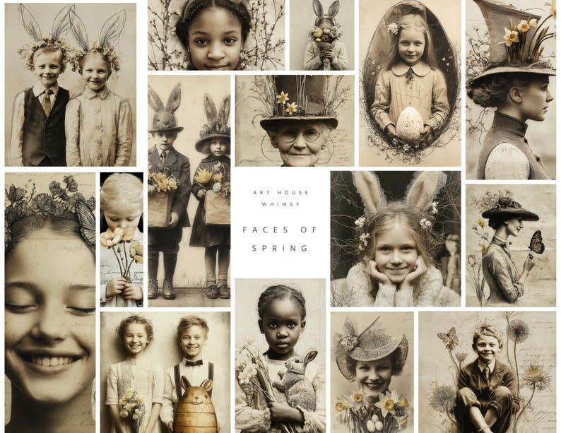 Faces of Spring-sepia Sketchy Portraits, Easter Spring, 4 Sizes ...