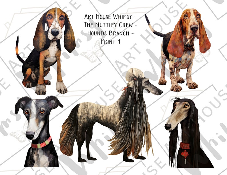 The Muttley Crew-hound Branch: Dog Clipart, Whimsical Mixed Media ...