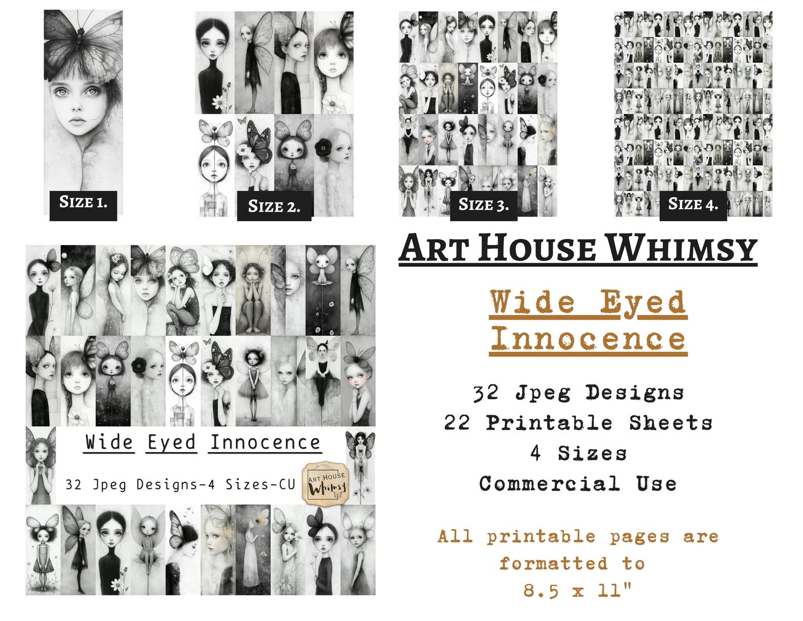 Wide Eyed Innocence: Cute Black and White Whimsical Characters, 32 Tall ...