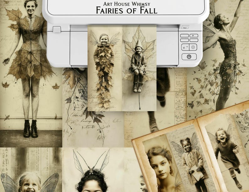 Autumn Fairy Digital Art: Sepia Tone Nymphs, Angel Wings (4.25x11" JPEG ...