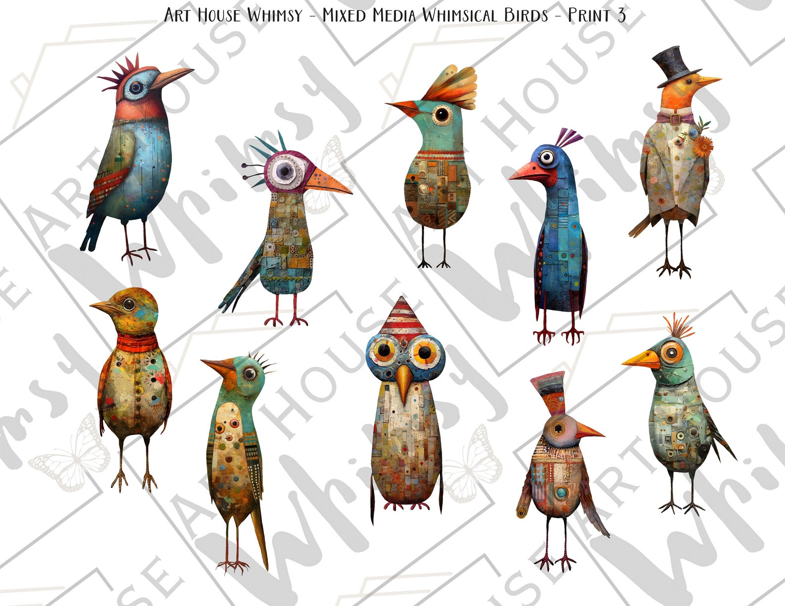 Mixed Media Whimsical Birds Quirky Bird Graphics Commercial - Etsy UK