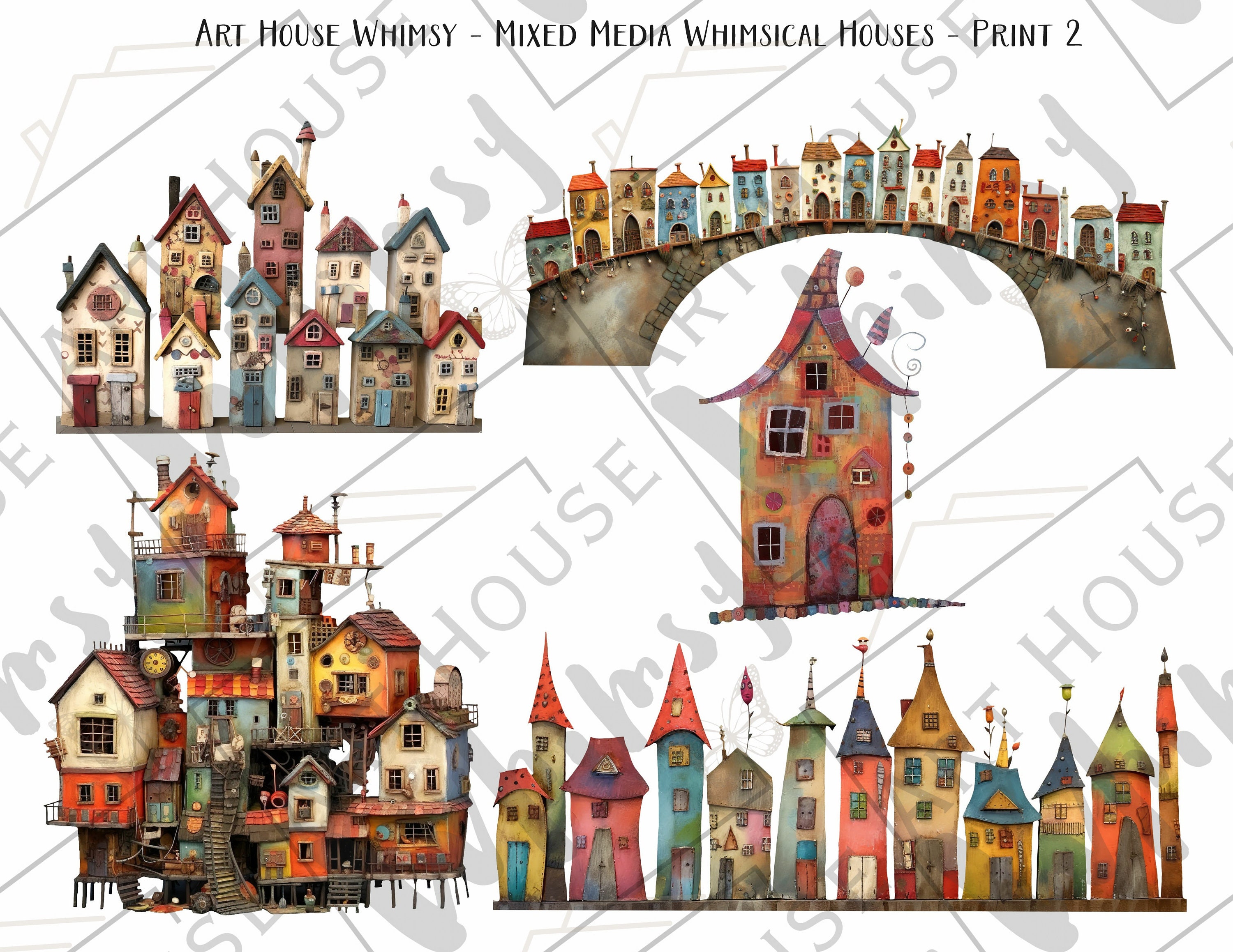 Whimsical Houses Clipart: Mixed Media Graphics, Printable Sheets ...
