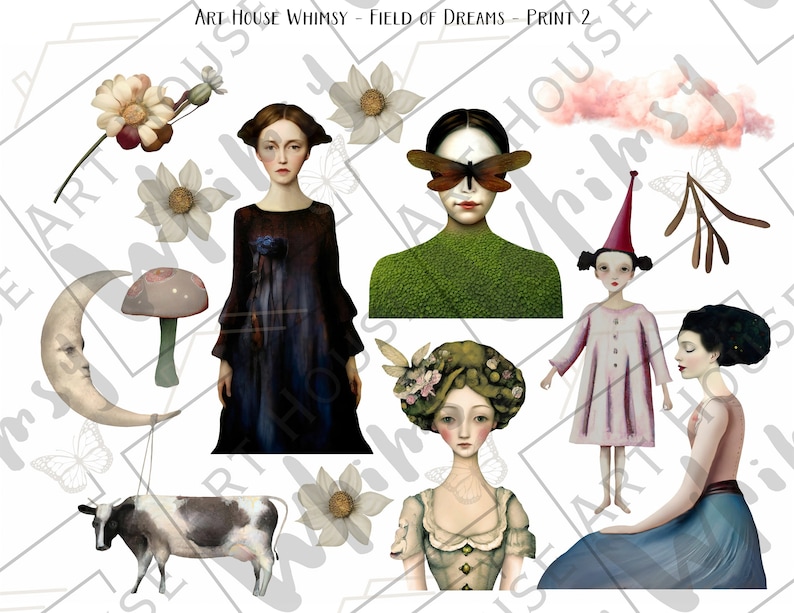 Field of Dreams 1: Whimsical Ladies PNG Clipart, Junk Journal Ephemera ...
