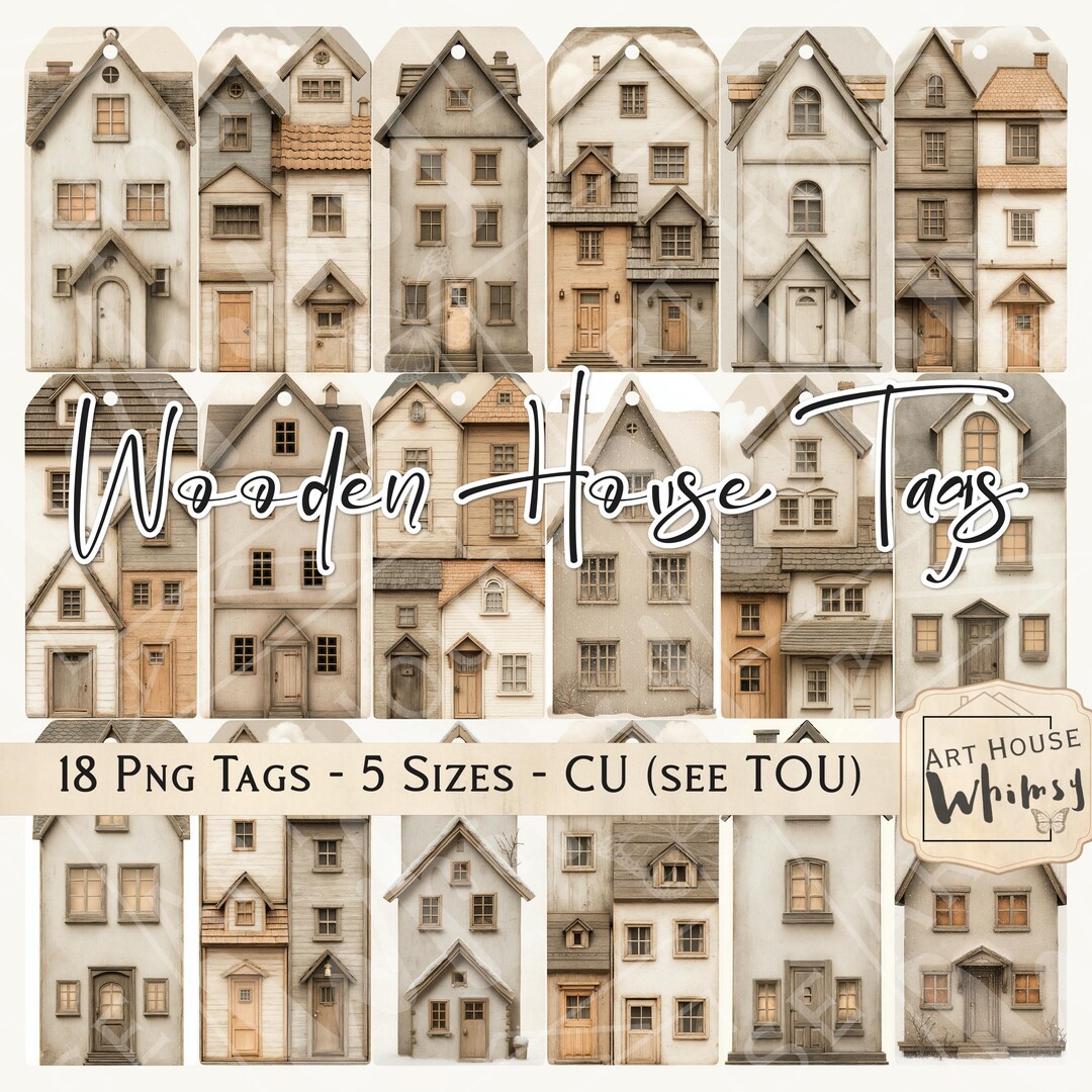 Wooden House Tags: 18 Rustic Neutral Whimsical Houses on Tags Pngs-4 ...