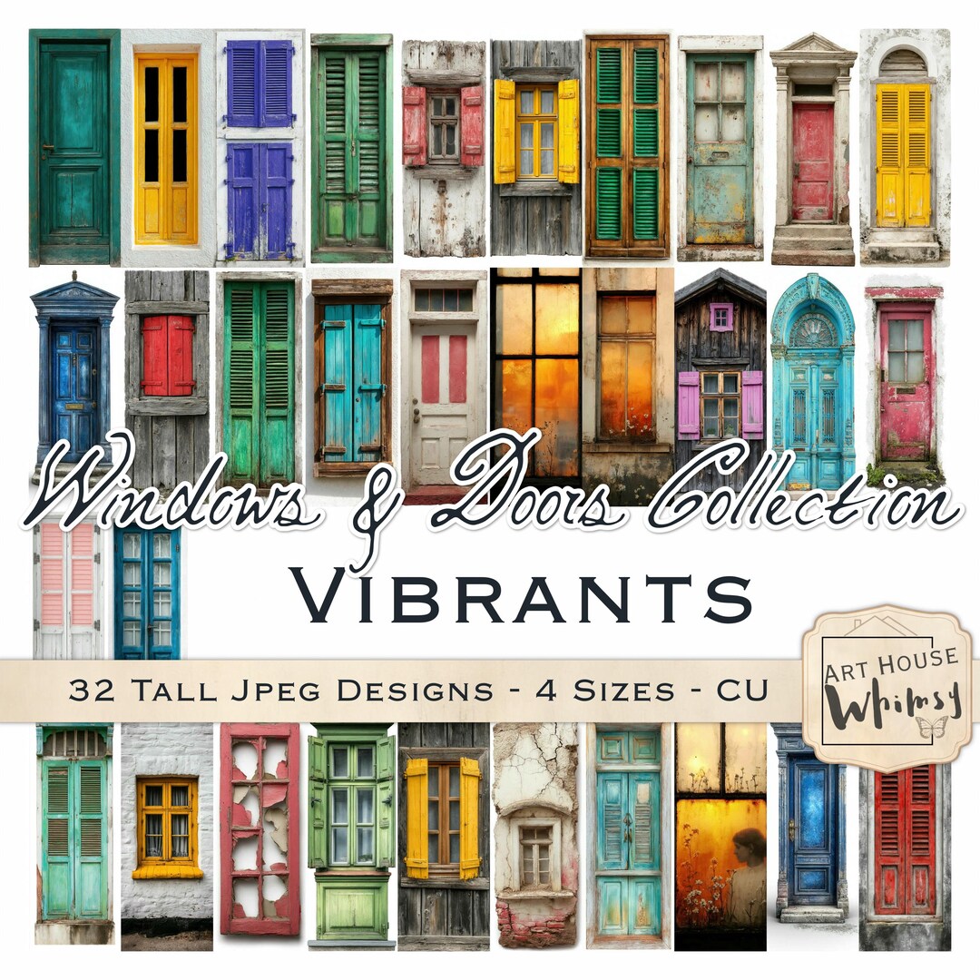 Vintage Windows & Doors Digital Collage Set: 32 Vibrant Jpegs (4.25x11 ...