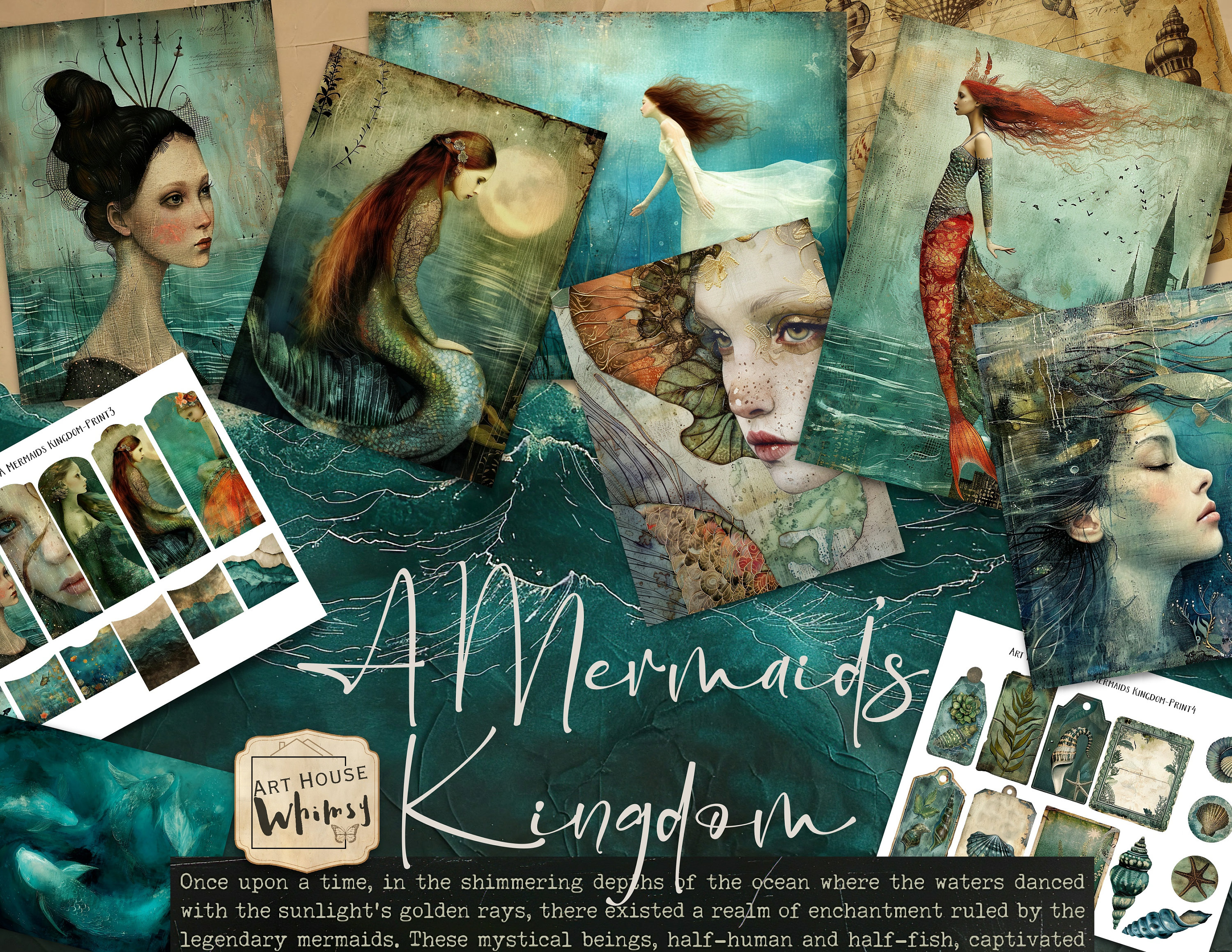 A Mermaids Kingdom: Mermaid Collage Papers. Ethereal Ocean Art, Junk ...