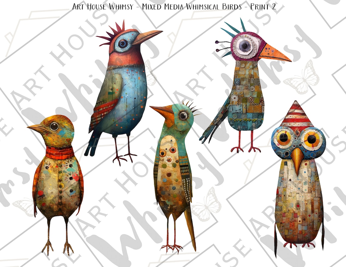 Mixed Media Whimsical Birds Quirky Bird Graphics Commercial - Etsy UK