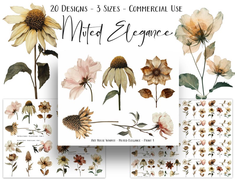 Muted Elegance: Autumn Floral PNG Set, Flower Clipart, Commercial Use ...